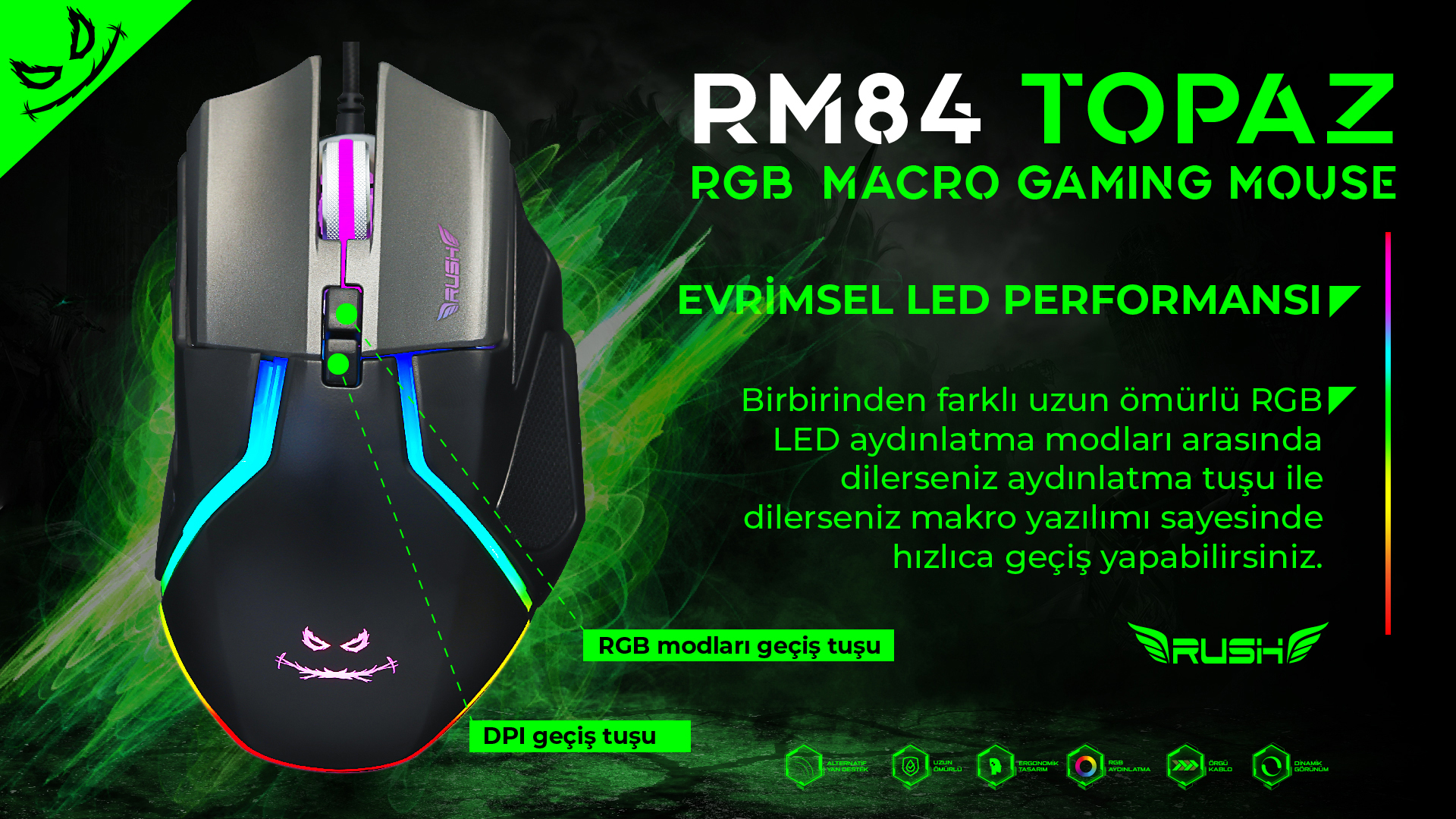 Rush Topaz RM84 10000 Dpi RGB 6d Makro Pro Oyuncu Mouse